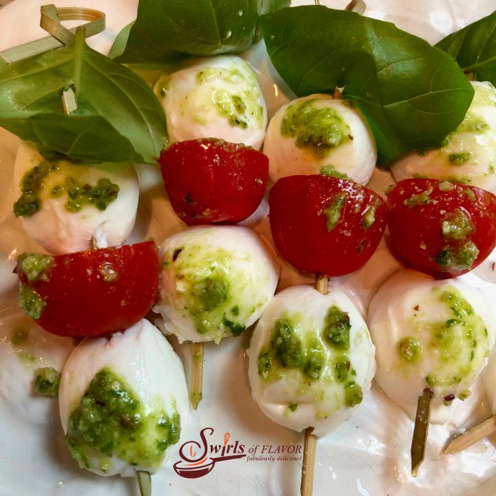 Caprese Skewers With Pesto - Swirls of Flavor