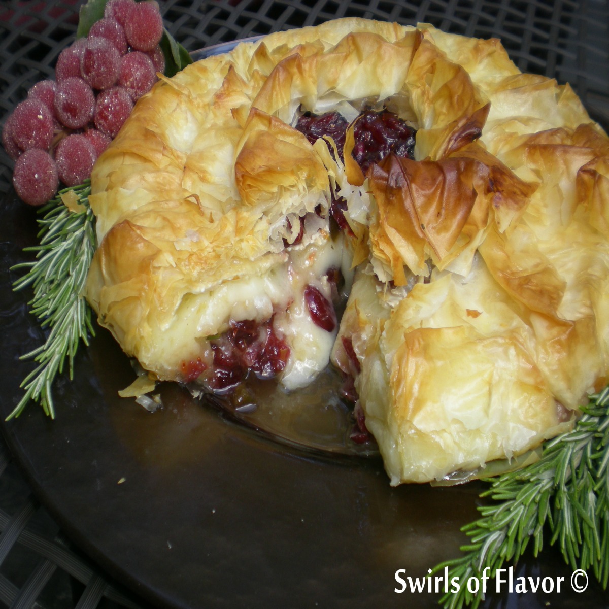 Phyllo Wrapped Brandied Cranberry Baked Brie - Swirls of Flavor