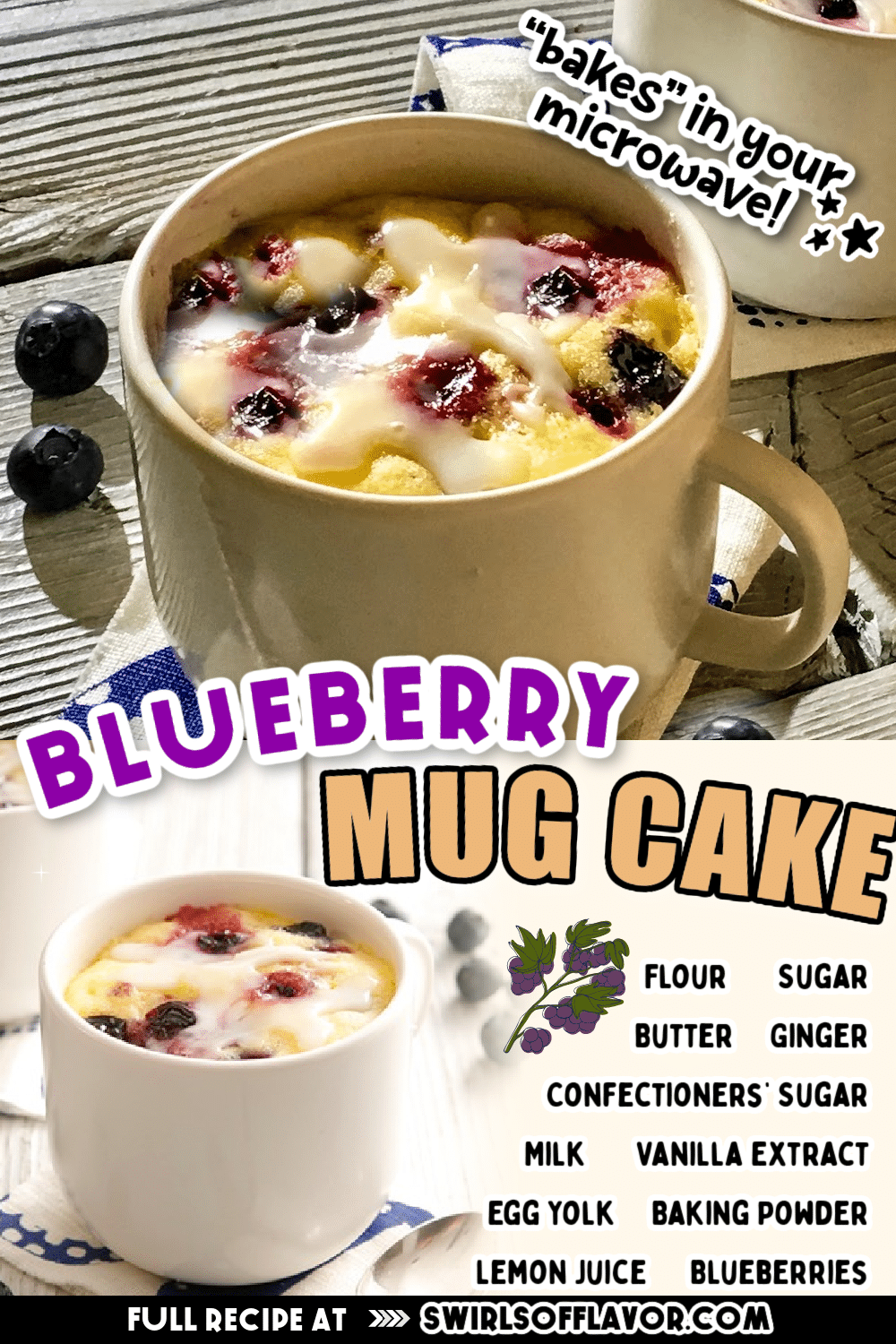Blueberry Mug Cake Recipe With Lemon Glaze - Swirls of Flavor