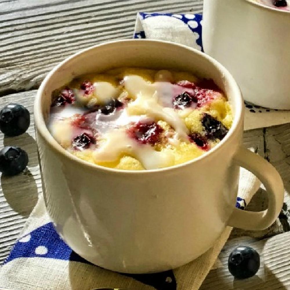 Blueberry Mug Cake Recipe With Lemon Glaze - Swirls of Flavor